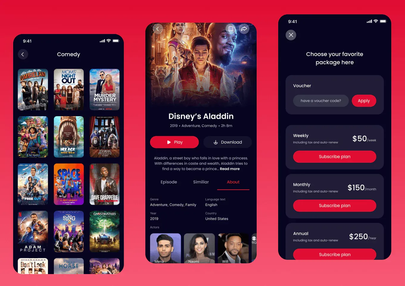Movie streaming app UI kit for Flutter mobile app
